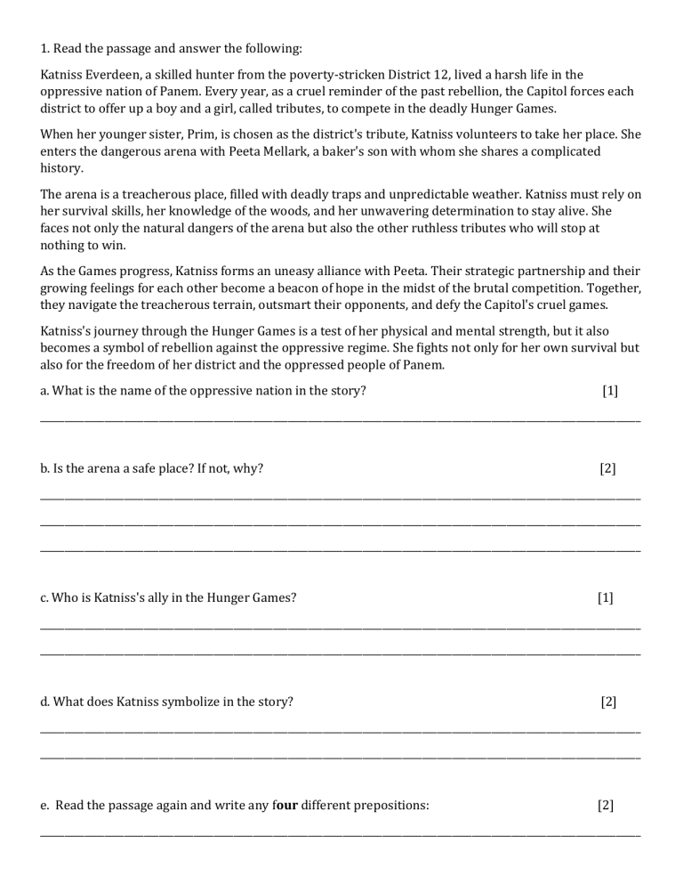 Hunger Games Comprehension & Grammar Worksheet