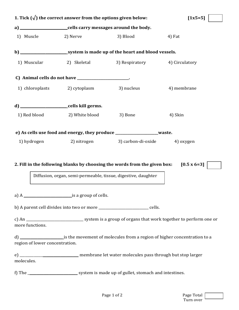 Biology Worksheet: Cells & Body Systems