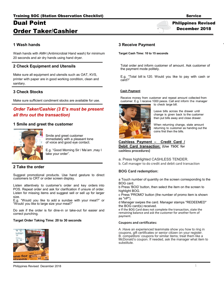 Order Taker/Cashier Training Checklist - Philippines