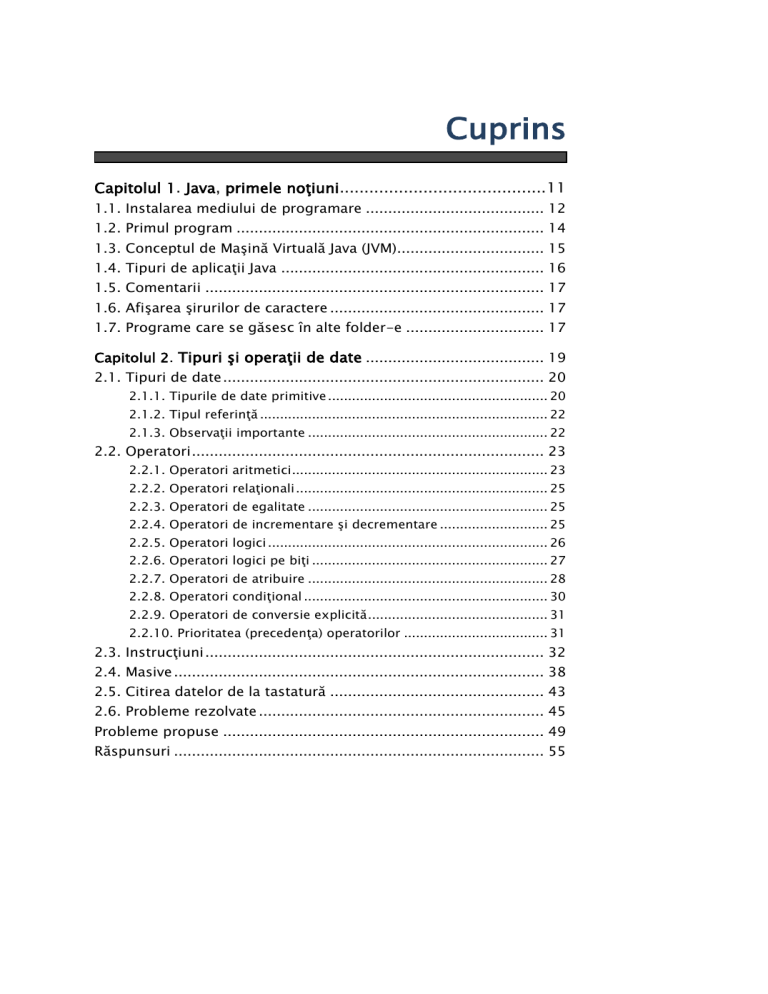 Cuprins Programare Java