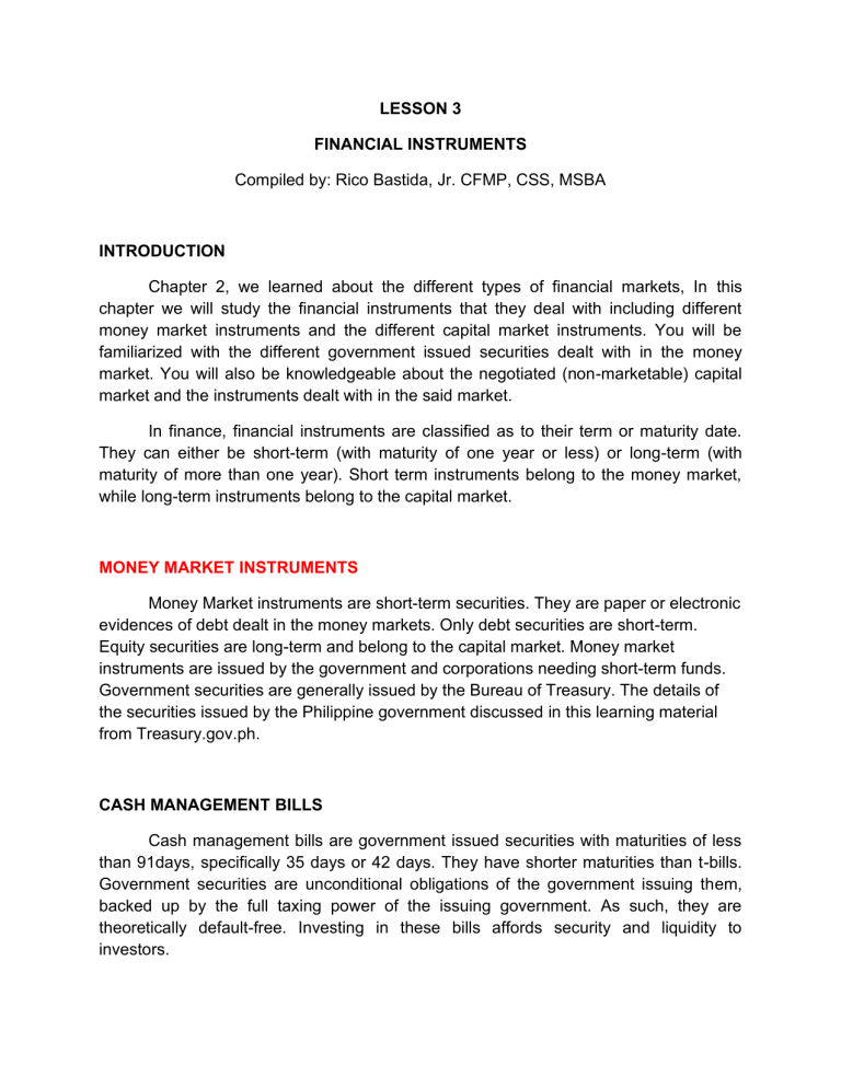 Financial Instruments: Money Market Securities Lesson