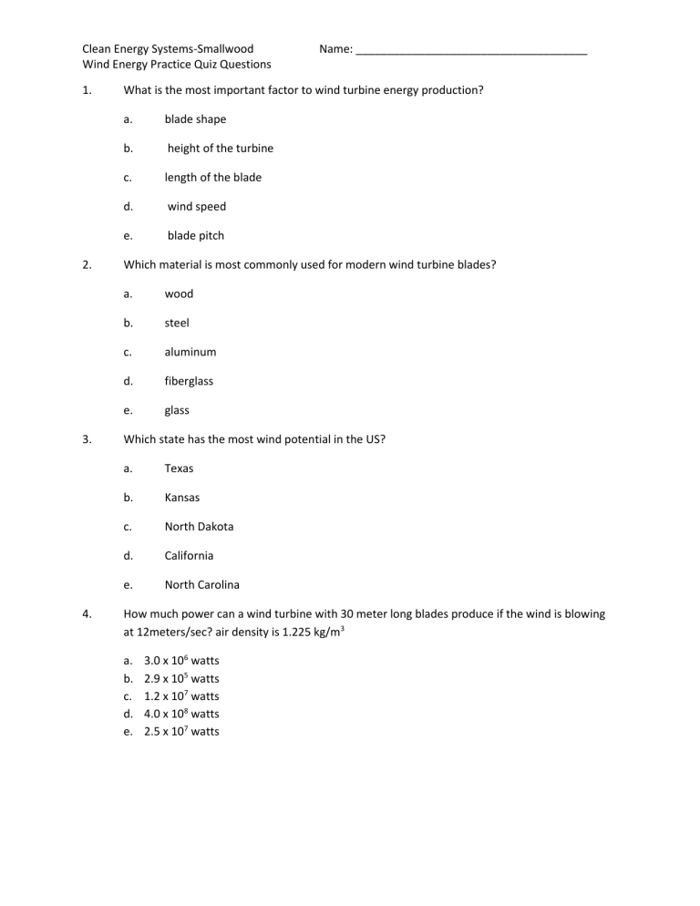 Wind Energy Quiz: Practice Questions & Answers