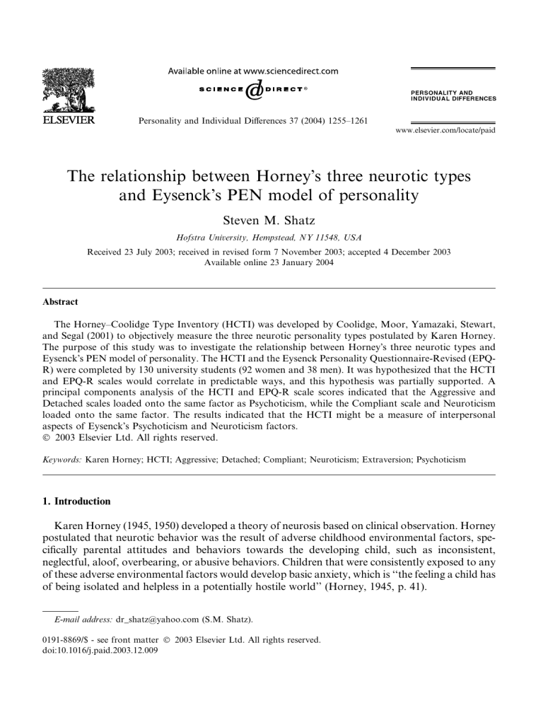 Horney & Eysenck: Personality Types & Neuroticism