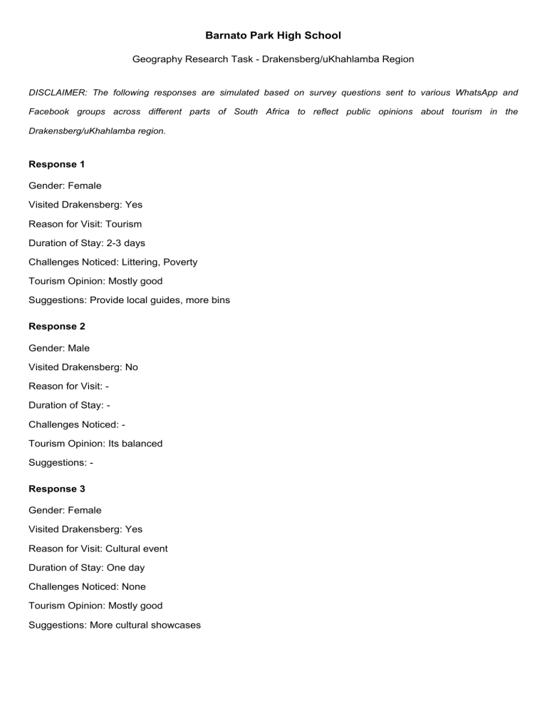 Drakensberg Tourism Survey: Geography Research Task