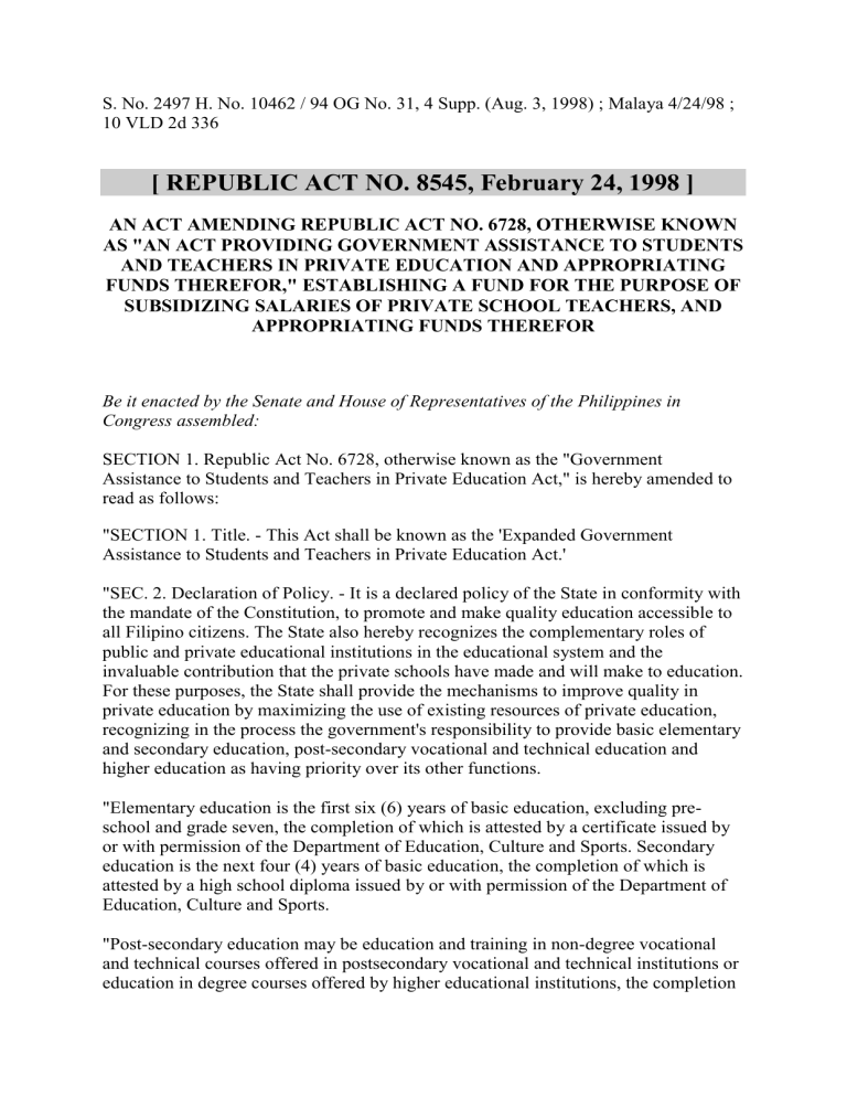 Republic Act No. 8545: Education Assistance in the Philippines