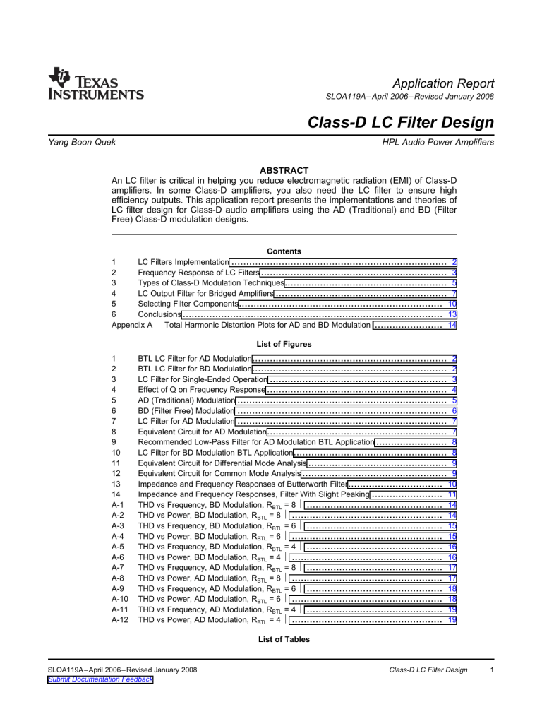 Class-D LC Filter Design: AD & BD Modulation Techniques
