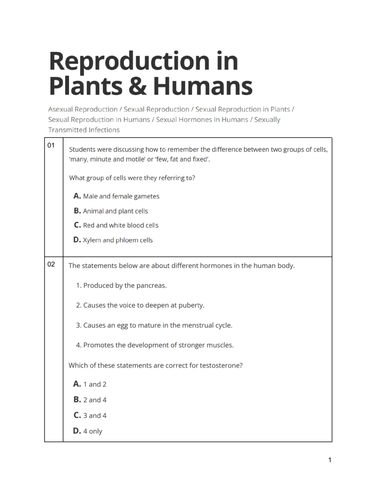 Reproduction in Plants & Humans Worksheet