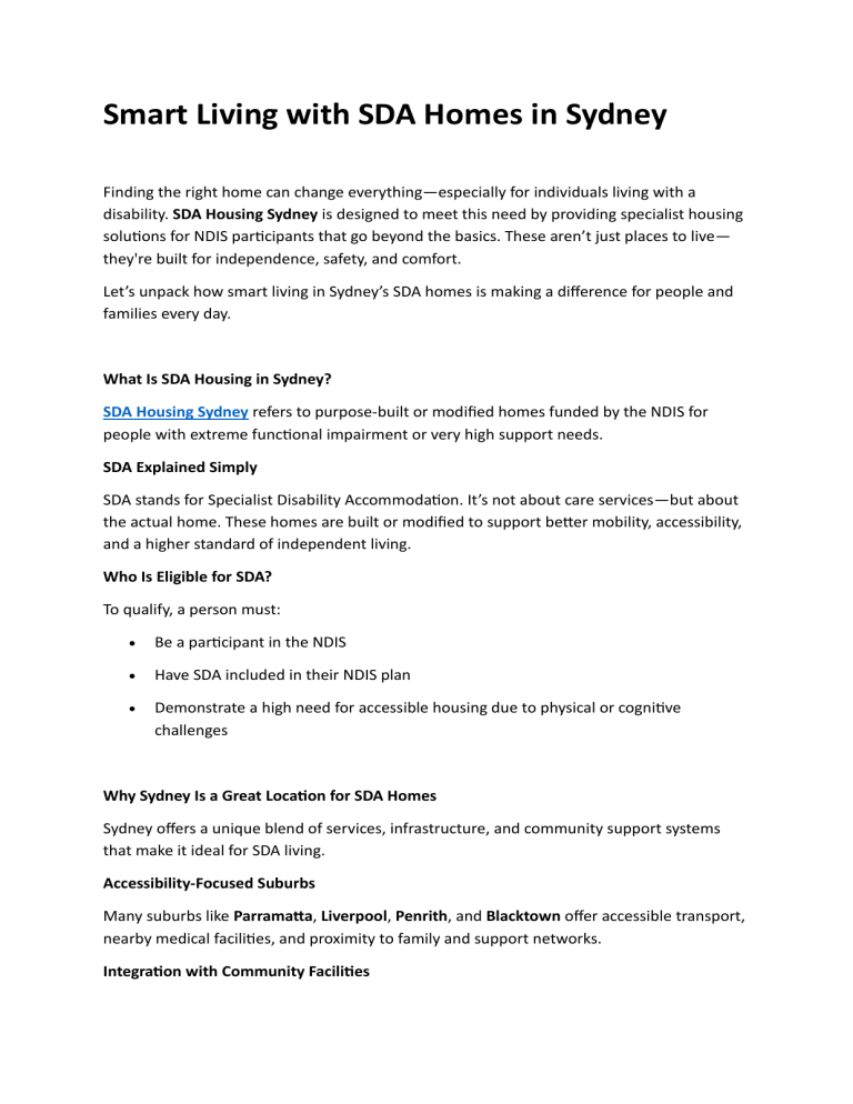 SDA Housing Sydney: Smart Living for NDIS Participants