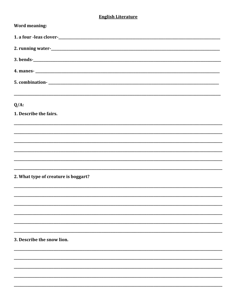 English Literature Worksheet: Vocabulary & Comprehension