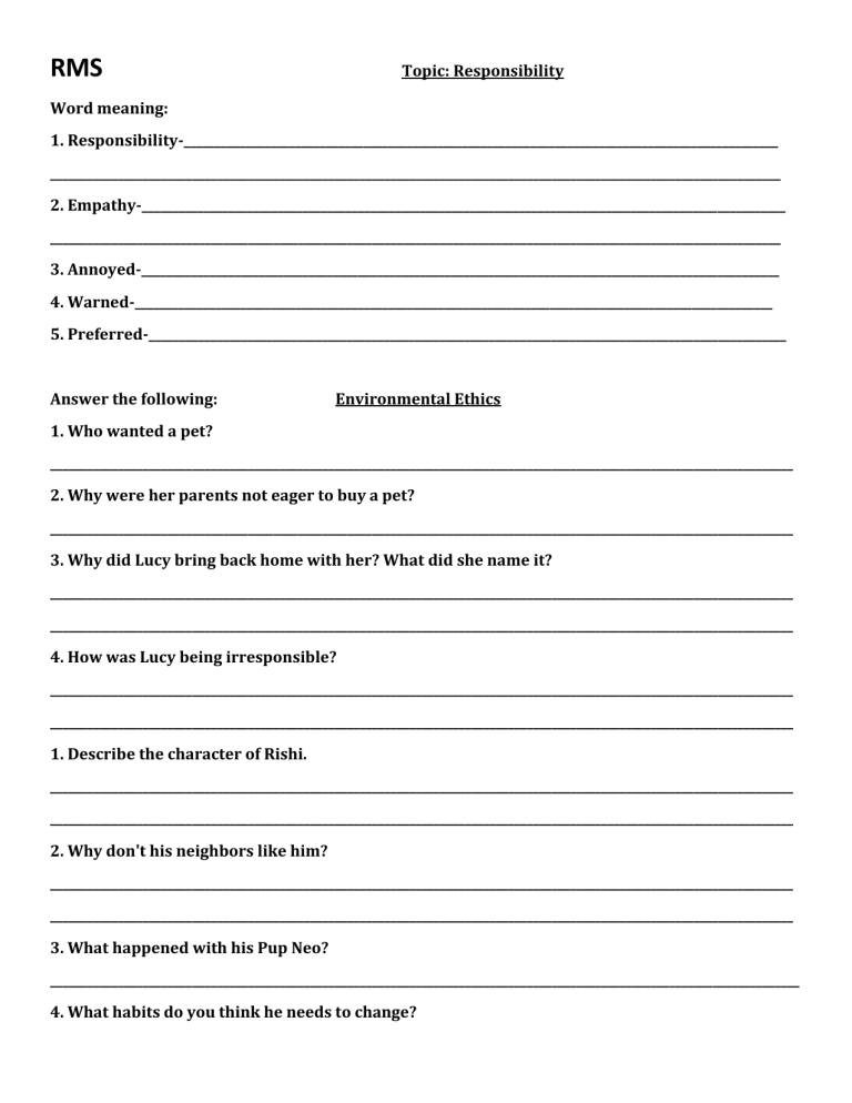 Responsibility Worksheet: Ethics, Respect, and Conflict
