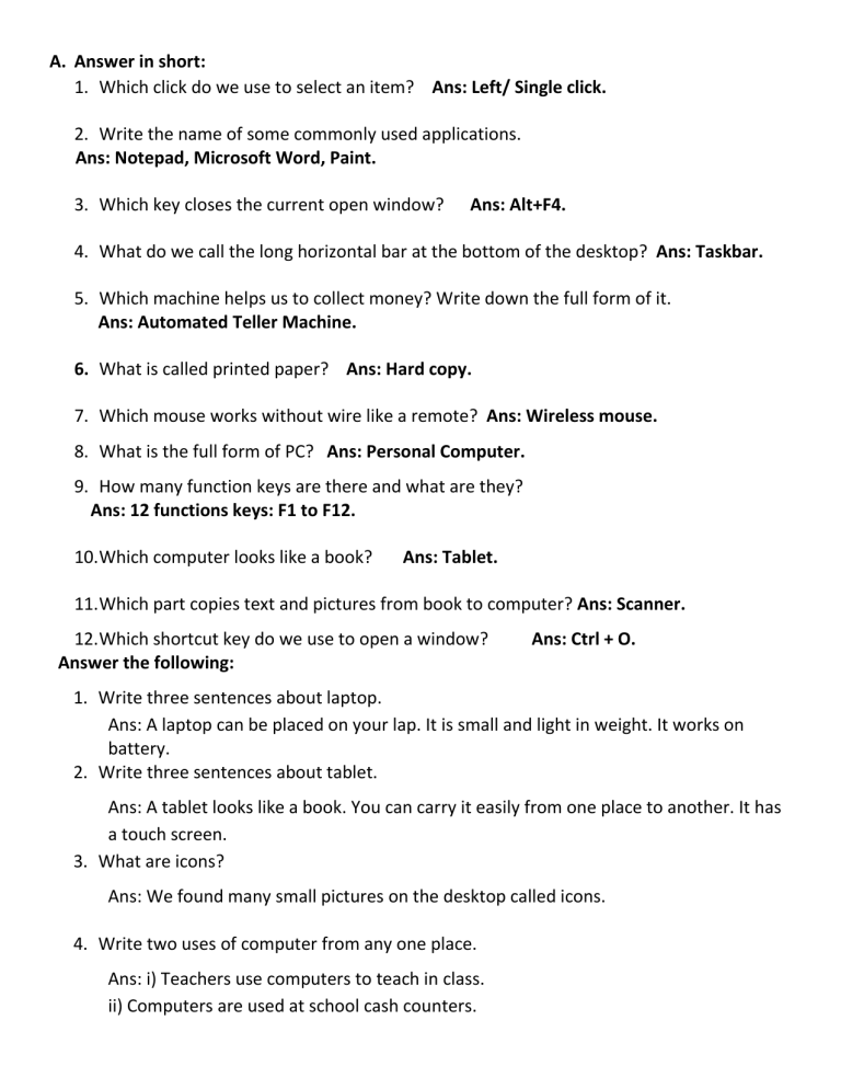 Basic Computer Knowledge Worksheet for Elementary School