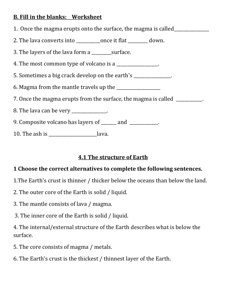 Earth Science Worksheet: Volcanoes & Earth Structure