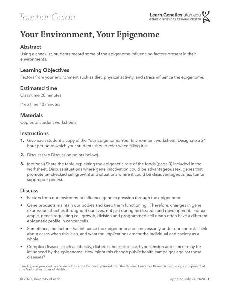 Epigenetics & Environment: Teacher Guide