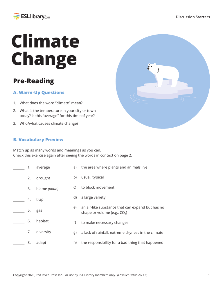 Climate Change ESL Worksheet: Vocabulary & Grammar
