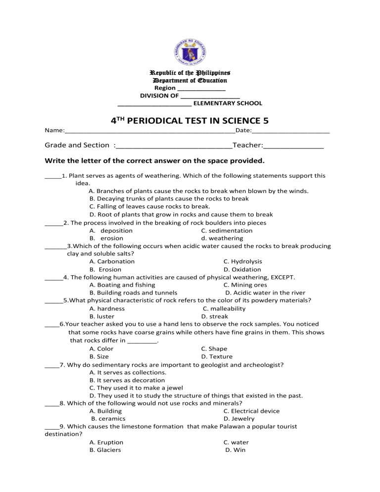 Science 5: 4th Periodical Test - Earth Science & Weather