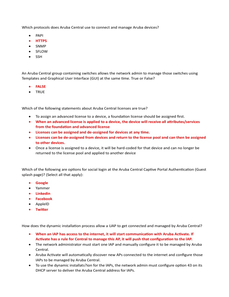Aruba Central Exam Questions