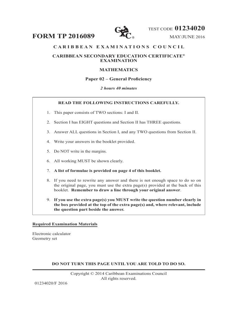 CSEC Mathematics Exam Paper 2016