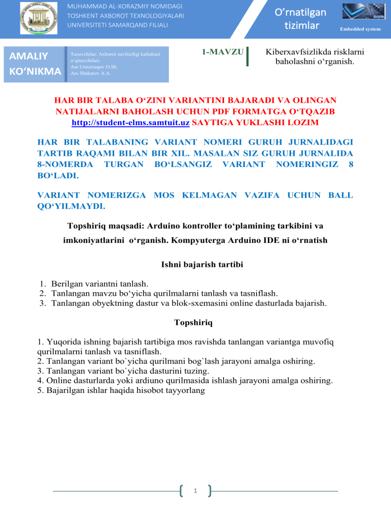 Arduino O'rnatilgan Tizimlar va Kiberxavfsizlik Vazifasi