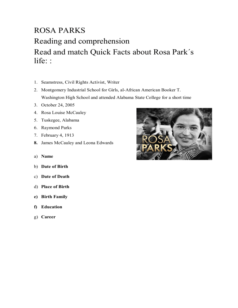 Rosa Parks Reading Comprehension Worksheet