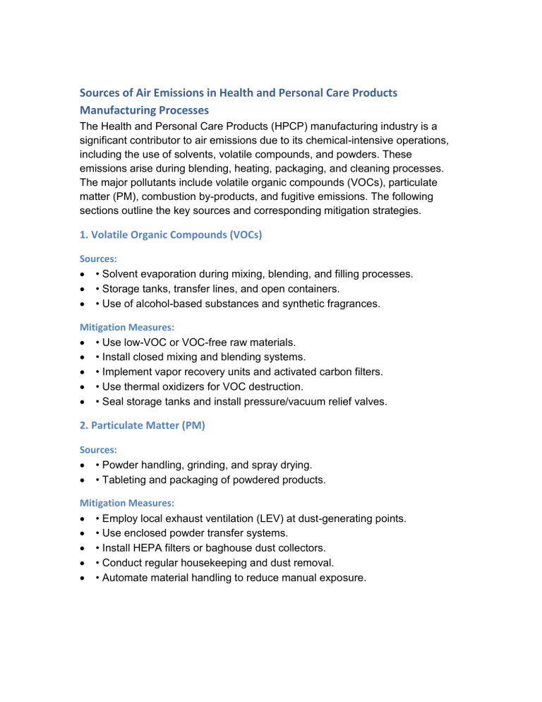 Air Emission Sources & Mitigation in HPCP Manufacturing