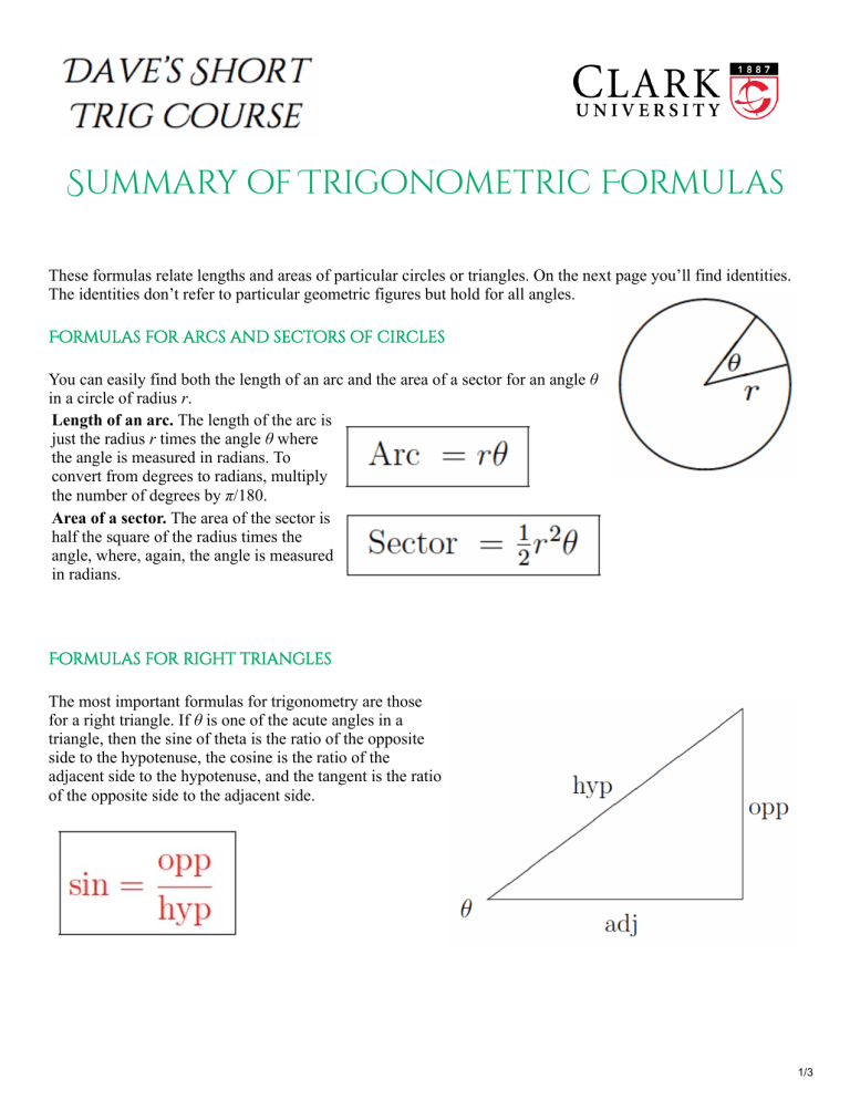 Trigonometric Formulas Summary: Arcs, Triangles, Areas