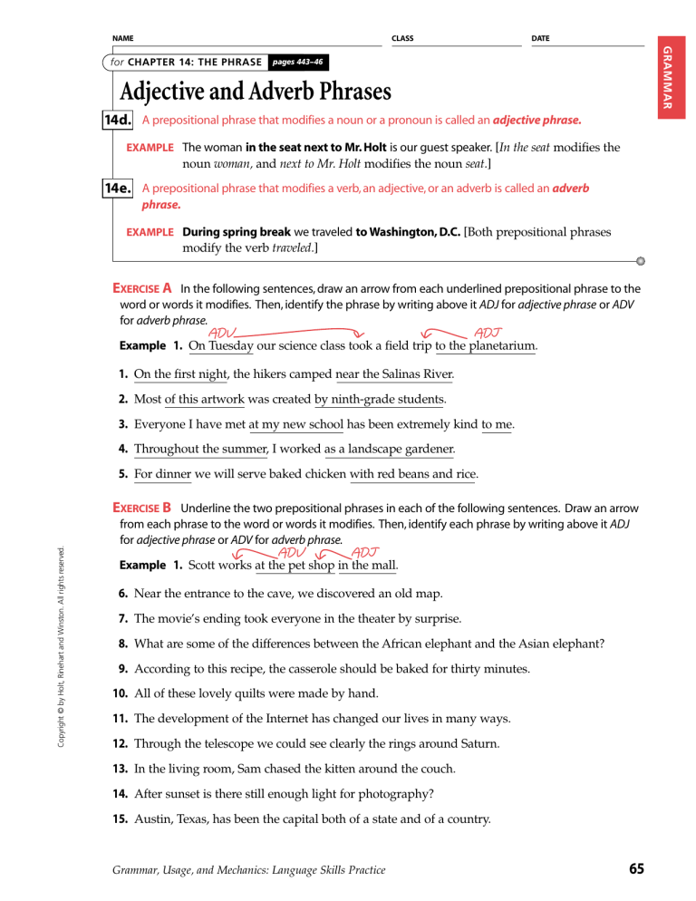 Adjective, Adverb, and Participial Phrases Grammar Exercises