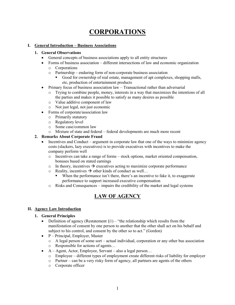 Corporations & Agency Law Lecture Notes