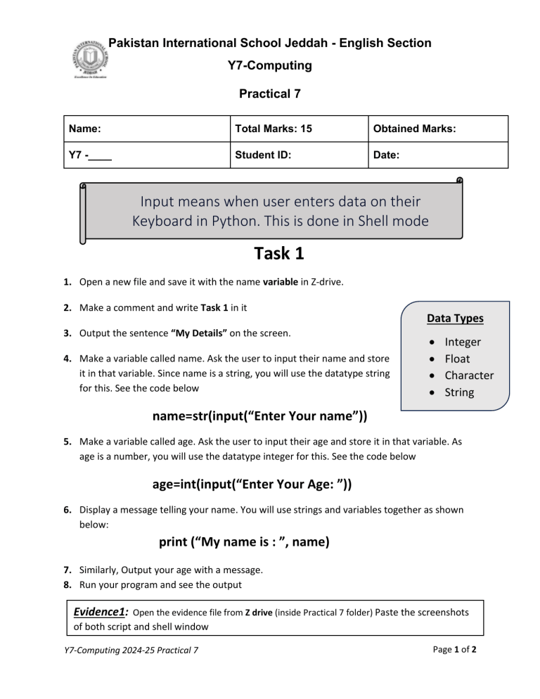 Y7 Computing Python Input And Output Practical