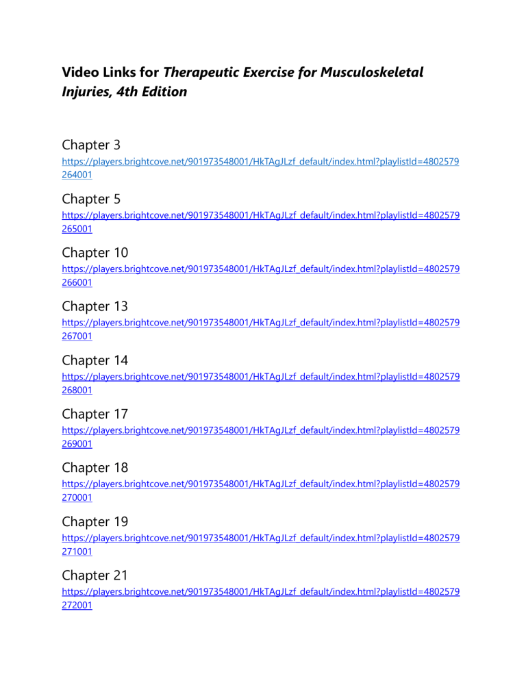 Therapeutic Exercise Video Links for Musculoskeletal Injuries