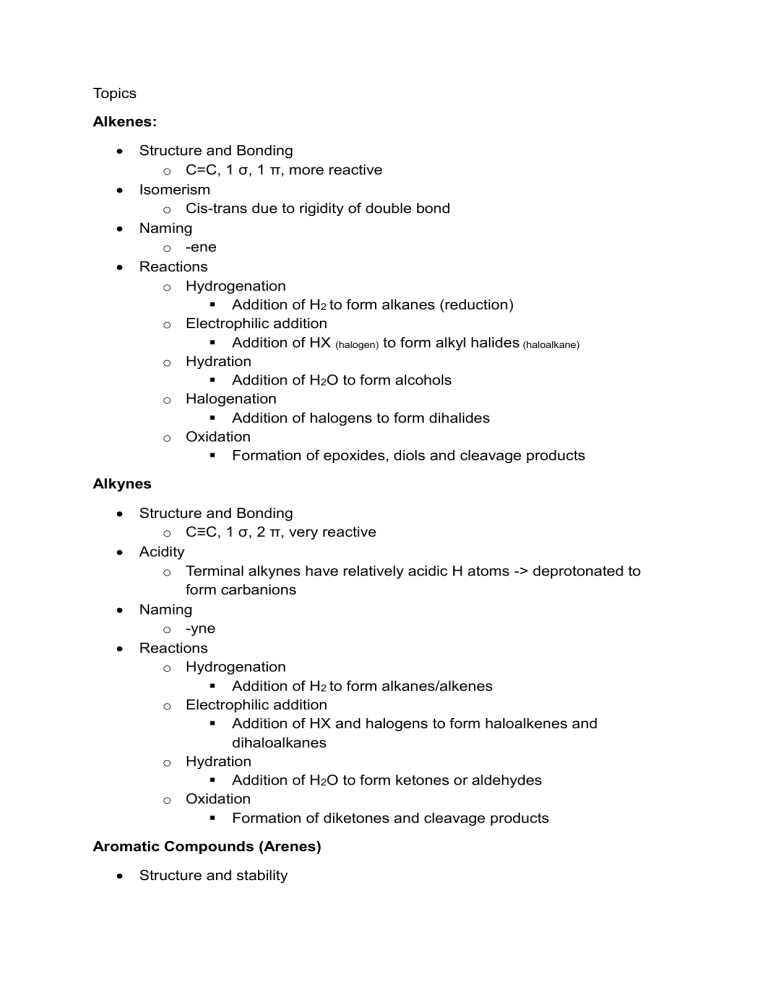 Alkenes, Alkynes, and Aromatic Compounds Study Notes