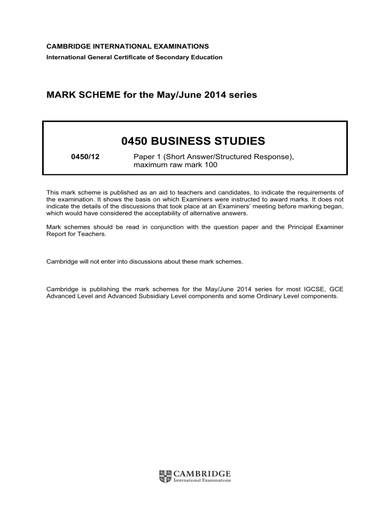 IGCSE Business Studies Mark Scheme 2014 (0450/12)