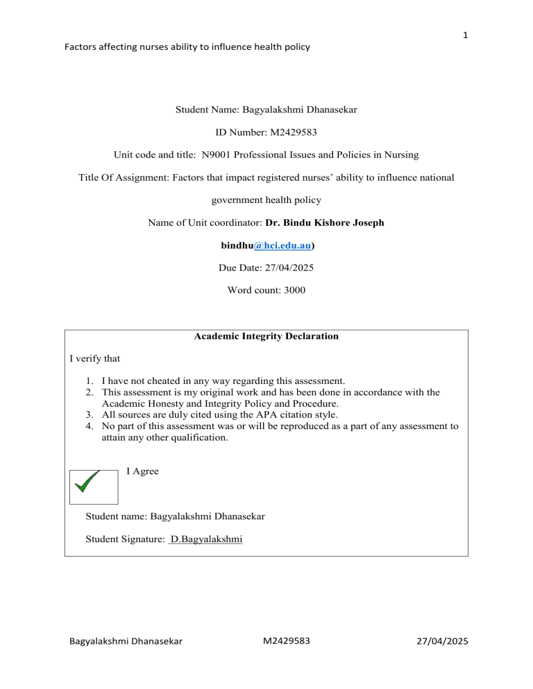 Nurses & Health Policy: Factors Affecting Influence
