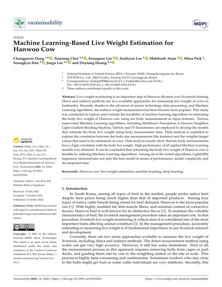 ML-Based Live Weight Estimation for Hanwoo Cow