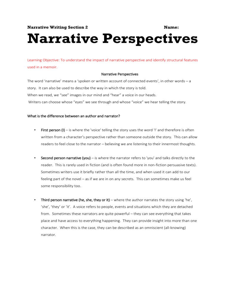 Narrative Perspectives Worksheet: Writing Viewpoints