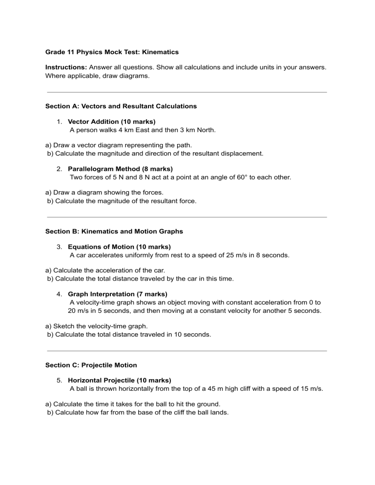 Grade 11 Physics Kinematics Mock Test