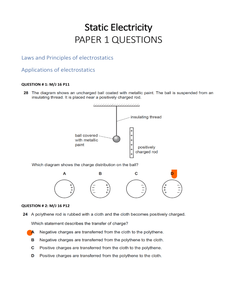 Static Electricity Exam Questions - Physics Paper 1