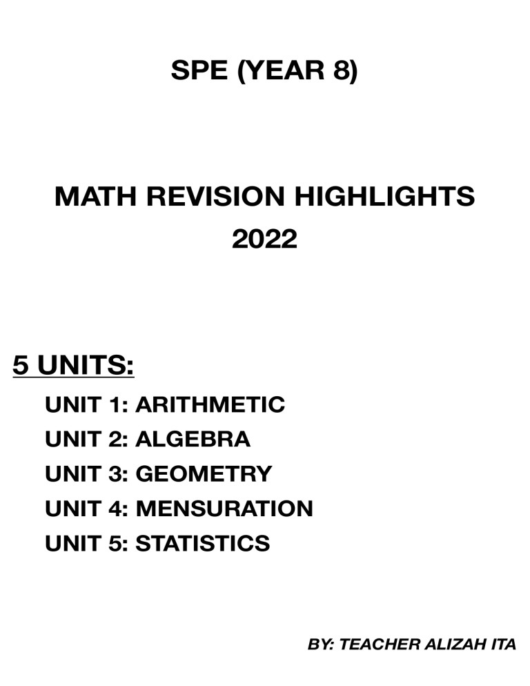 Year 8 Math Revision Highlights: Arithmetic, Algebra, Geometry
