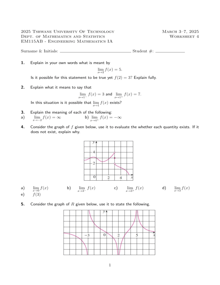 Engineering Math IA: Limits & Continuity Worksheet