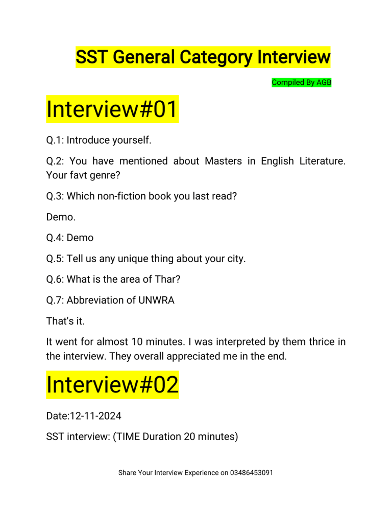 SST General Category Interview Questions Compilation