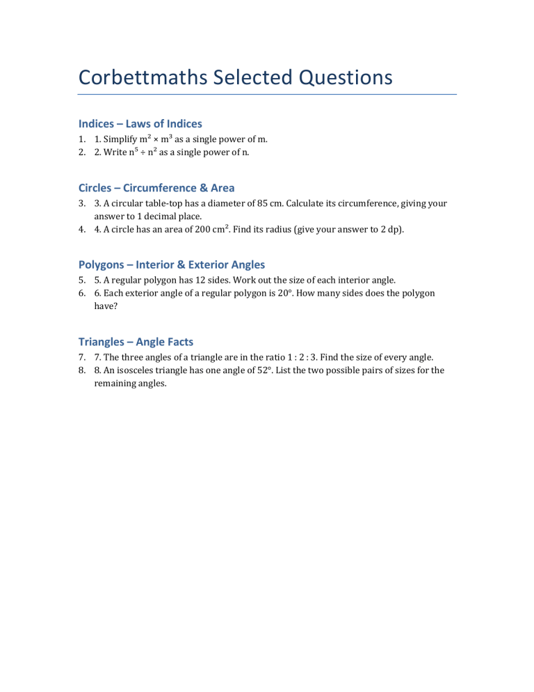 Maths Worksheet: Indices, Circles, Polygons, Triangles