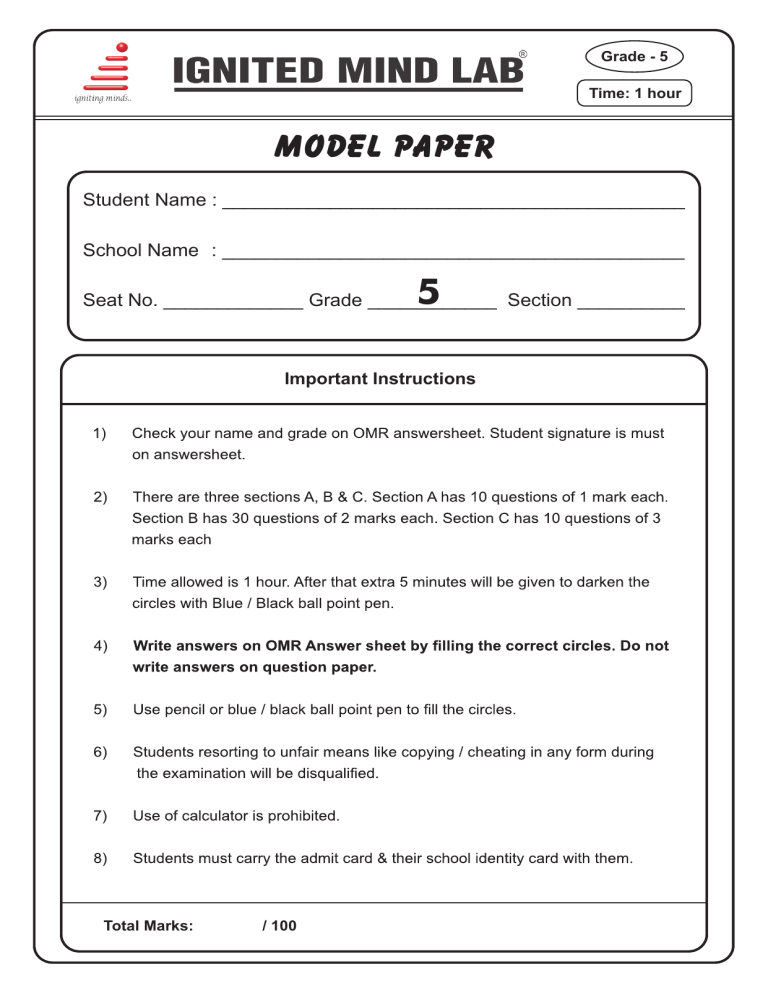 Grade 5 Math Model Paper - Practice Test