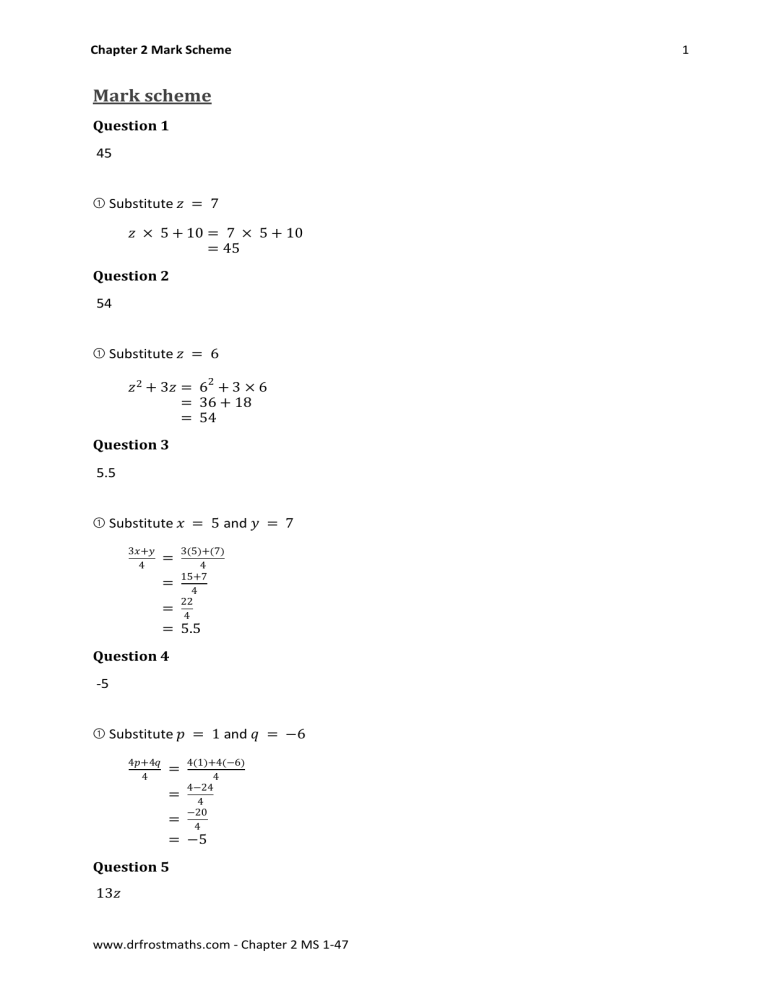 Chapter 2 Math Mark Scheme: Algebra Solutions