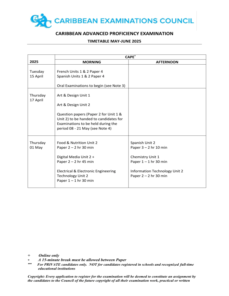 CAPE Exam Timetable May-June 2025