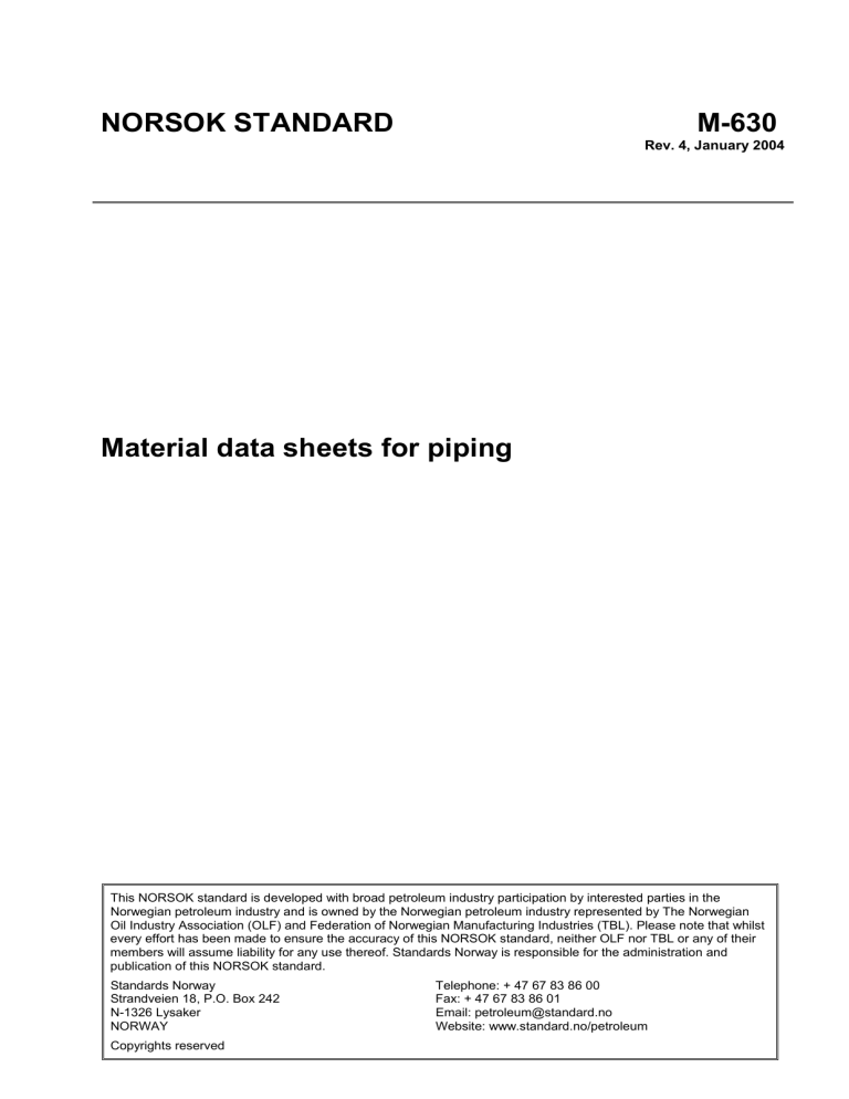 NORSOK M-630: Piping Material Data Sheets Standard