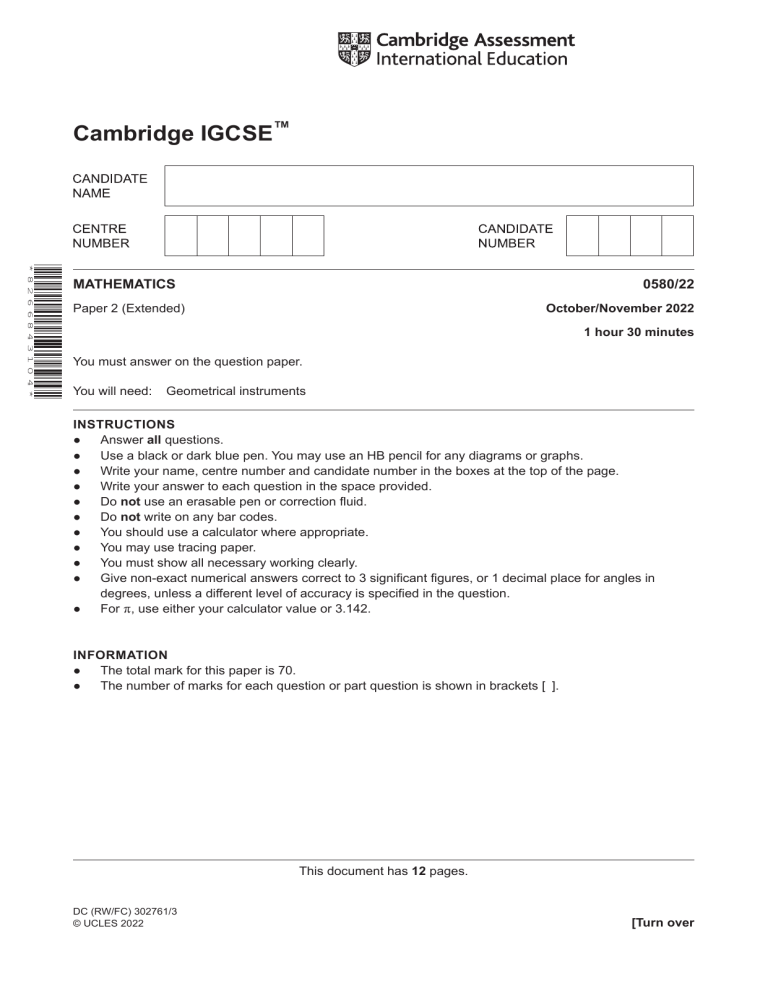 Cambridge IGCSE Mathematics Paper 2 (Extended) Exam