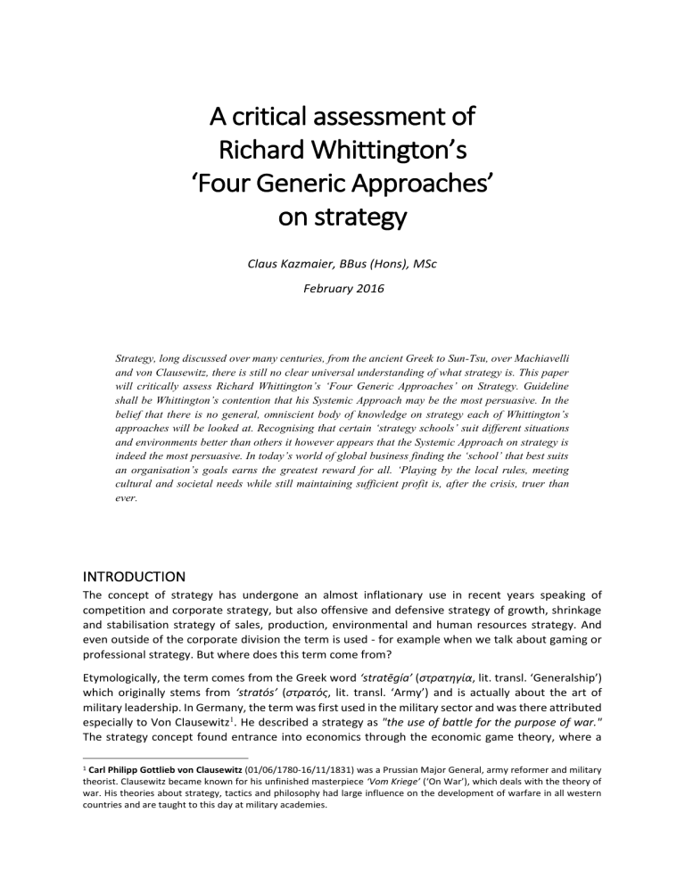 Whittington's Four Approaches to Strategy: A Critical Assessment
