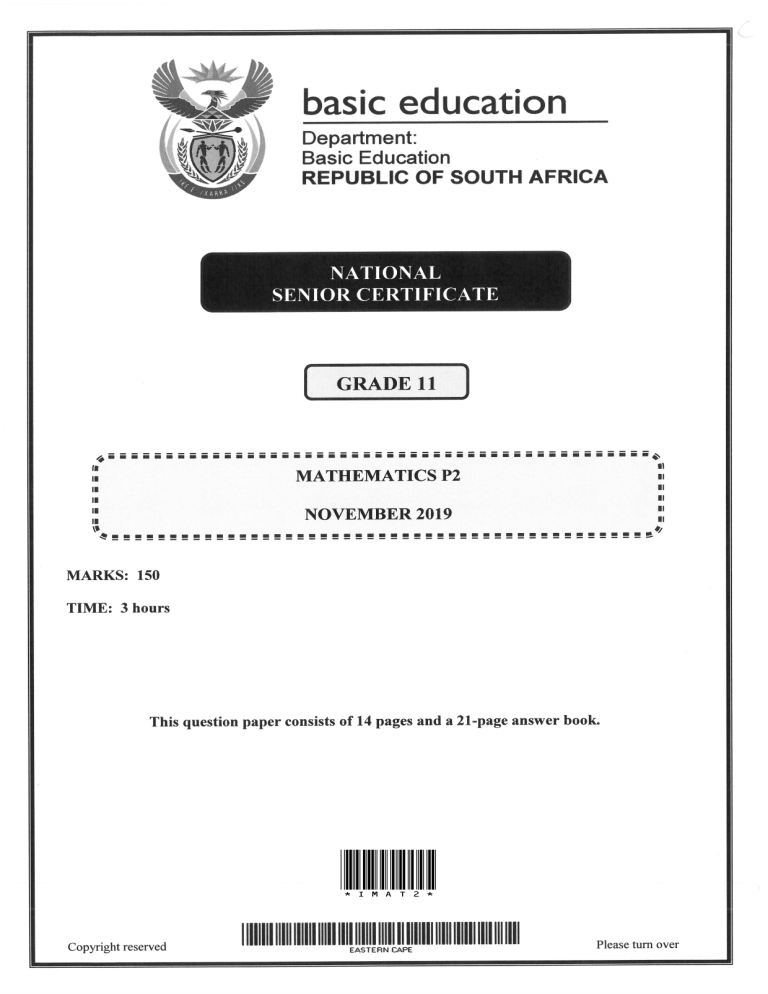 Grade 11 Mathematics P2 Exam Paper - November 2019