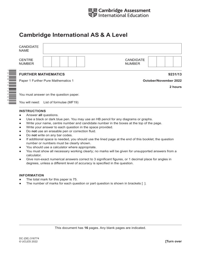 A Level Further Maths Paper 1: Pure Mathematics Exam