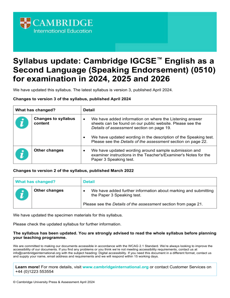 Cambridge IGCSE English Syllabus Update (2024-2026)