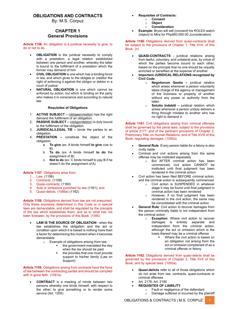 Obligations and Contracts: General Provisions & Nature of Obligations